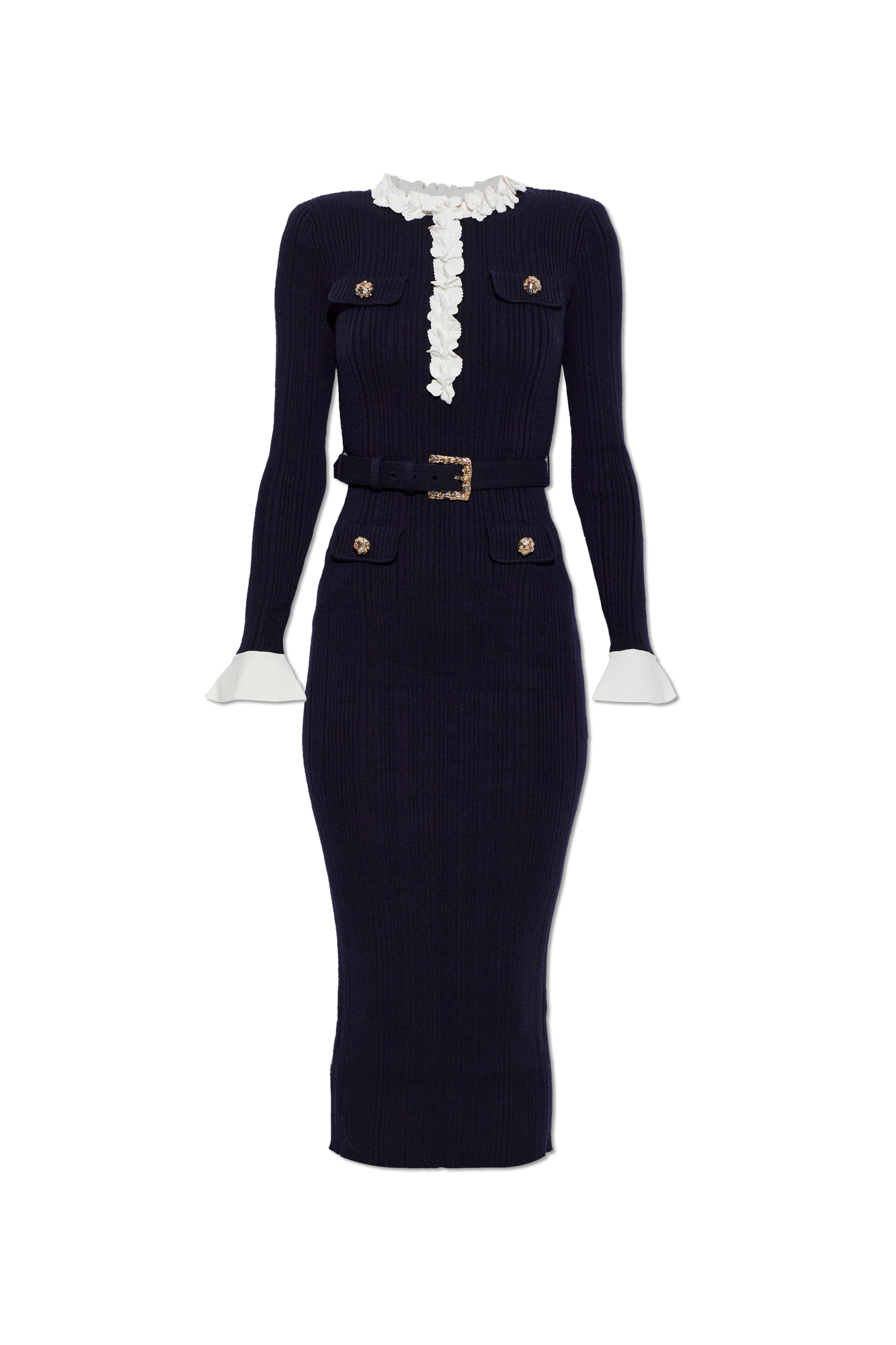 SELF-PORTRAIT Self-Portrait Ribbed Knit Midi Dress with Appliqué Detail